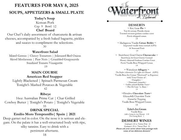 Daily Specials - The Waterfront Restaurant